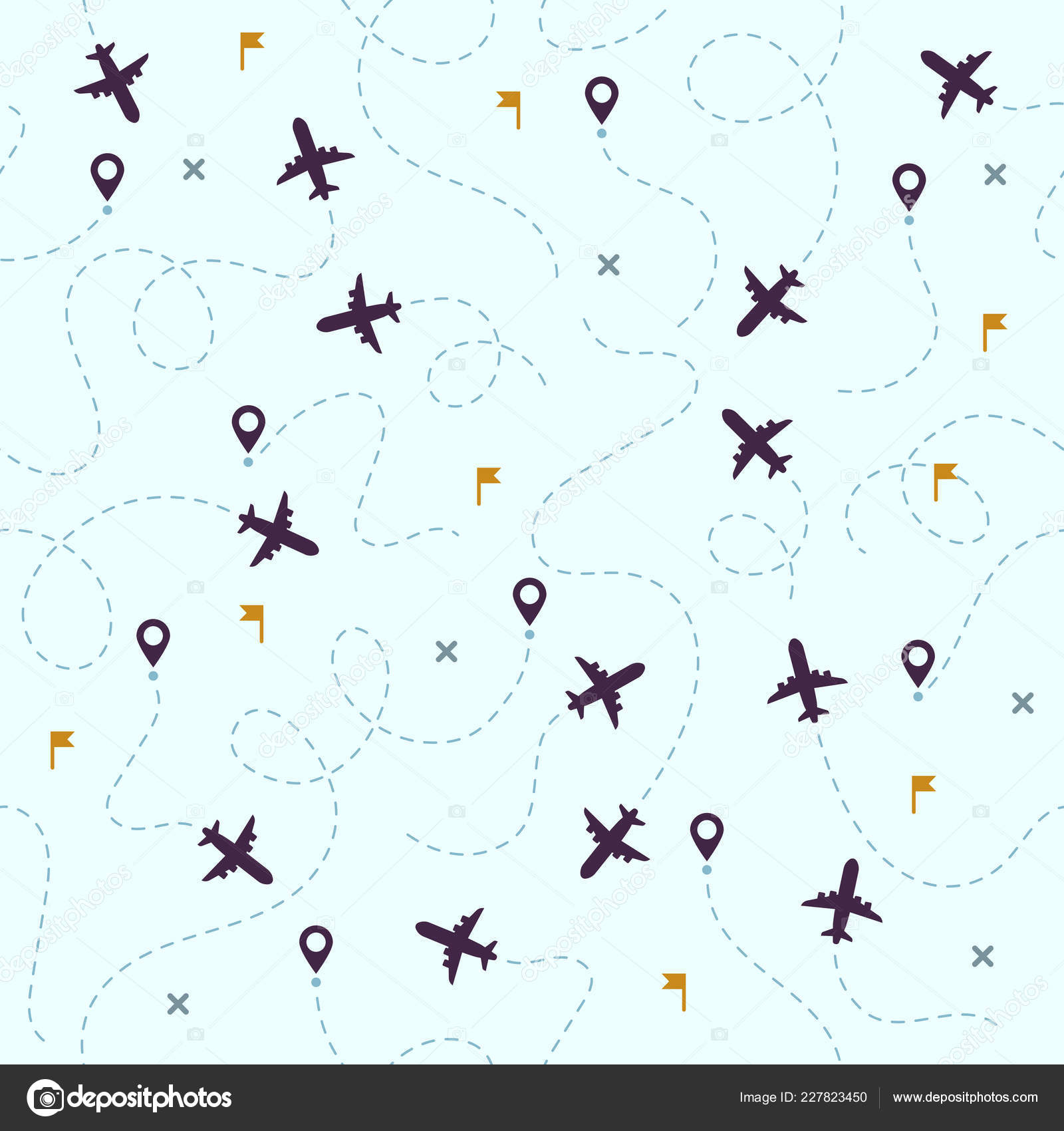 Airplane flights pattern. Plane travel, avia traveling routes and ...