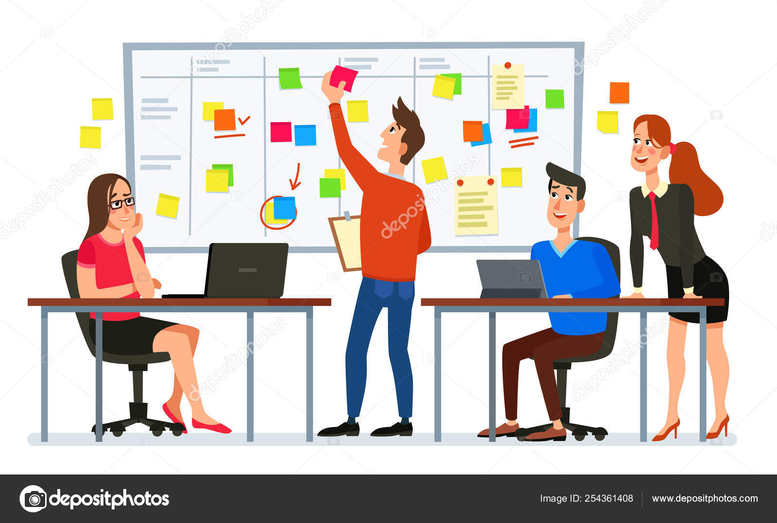 Scrum board meeting. Business team planning tasks, office workers ...