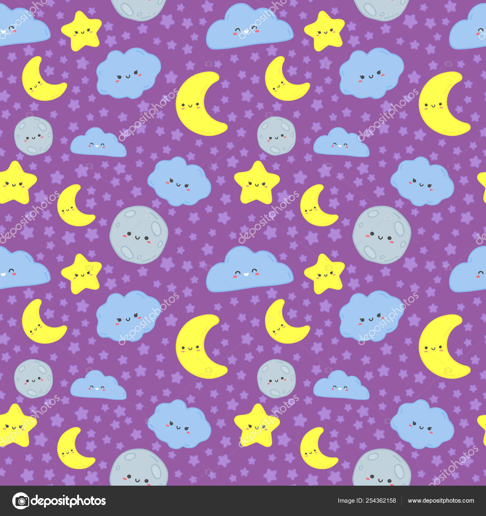 Night sky seamless pattern. Cute moon with sleep face, clouds and stars ...