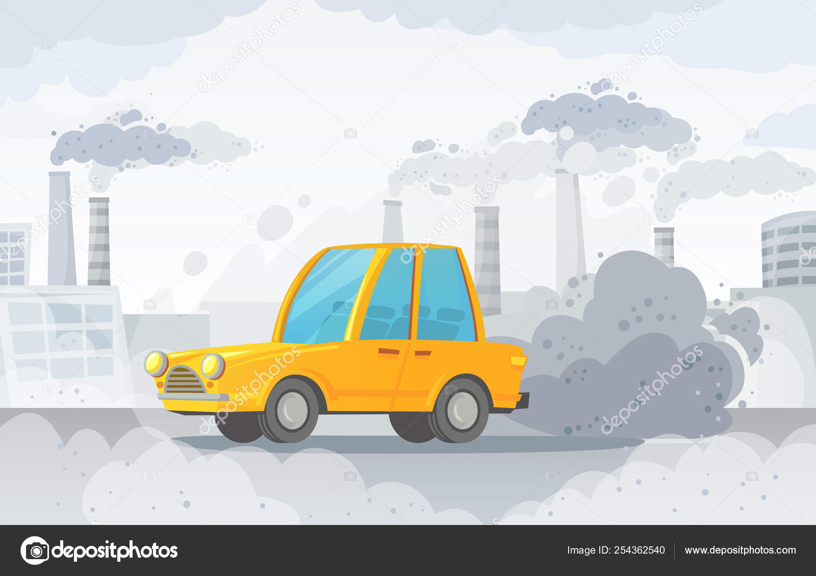 Car air pollution. City road smog, factories smoke and industrial ...
