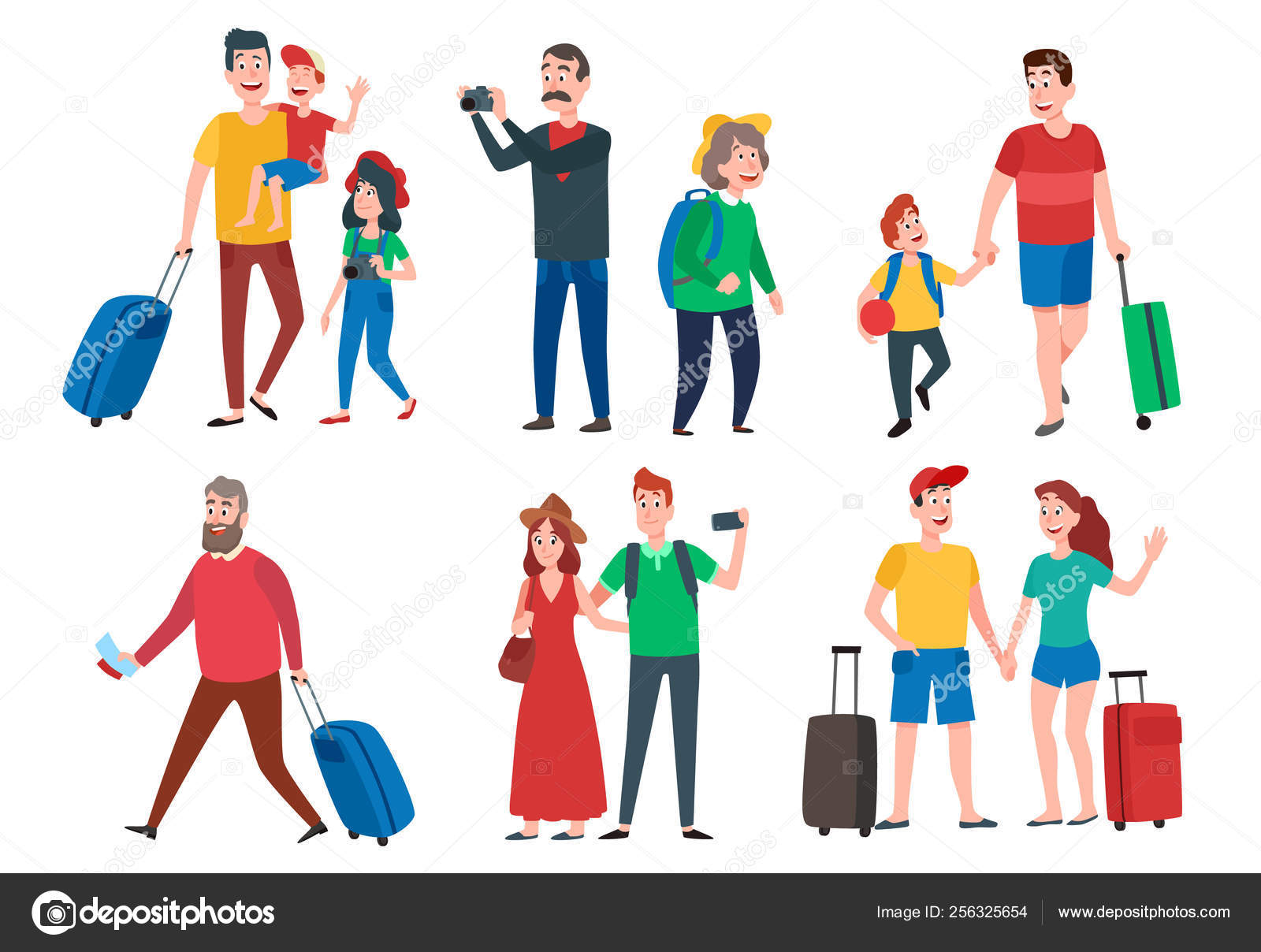 Travel characters. Travelling group, family couple holiday vacation and ...