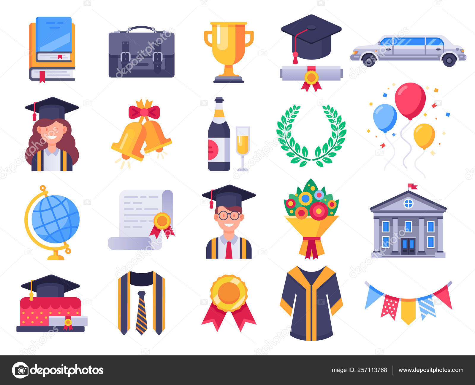 졸업날 아이콘입니다 대학 대학원 학생 파티 졸업 모자 및 학생 가운 시험 아이콘 벡터 일러스트 세트 스톡 벡터 ©