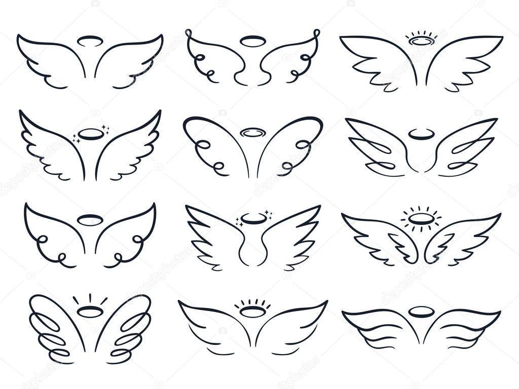 Ala de dibujo animado. Alas de ángeles dibujadas a mano extendidas ...