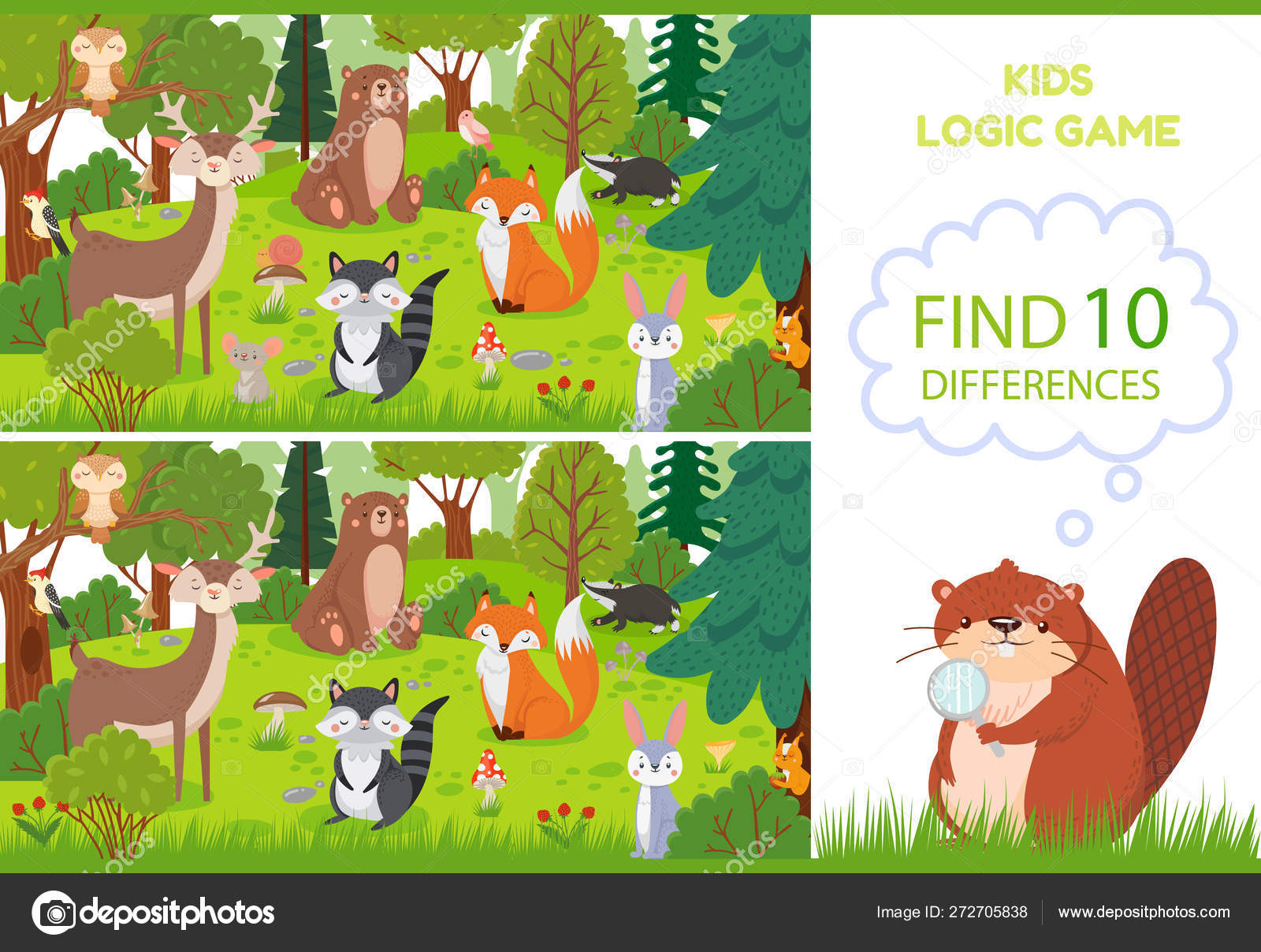 Forest animals find differences game. Educational kids games characters ...