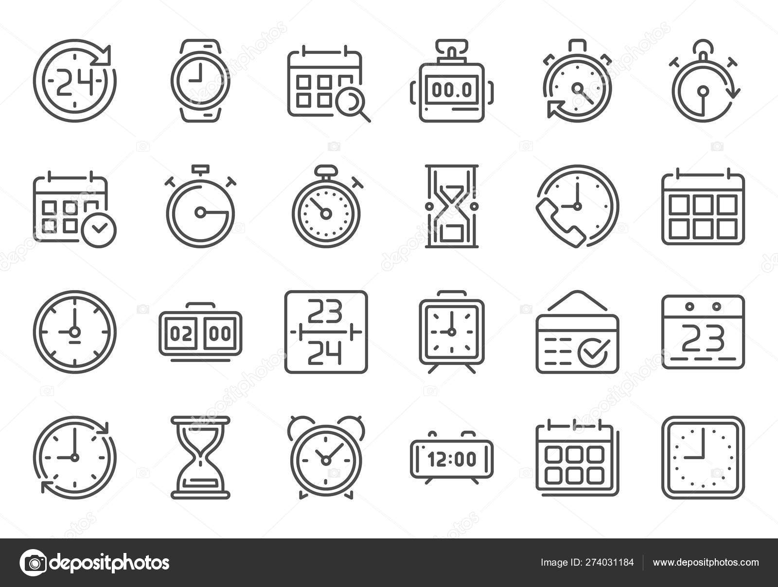 Outline time icon. Timekeeper, stopwatch and timer icons. Alarm clock, calendar and line ...