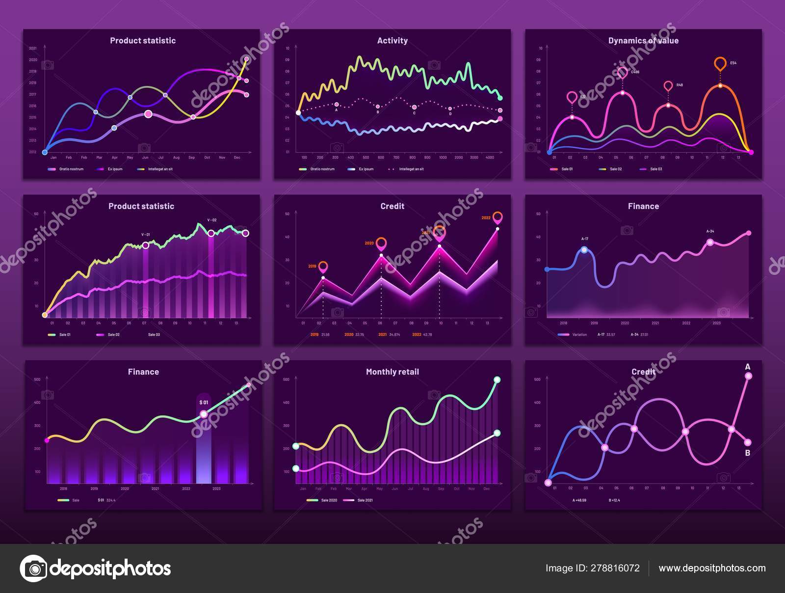Line graph charts. Business financial graphs, marketing chart graphics and histogram infographic ...