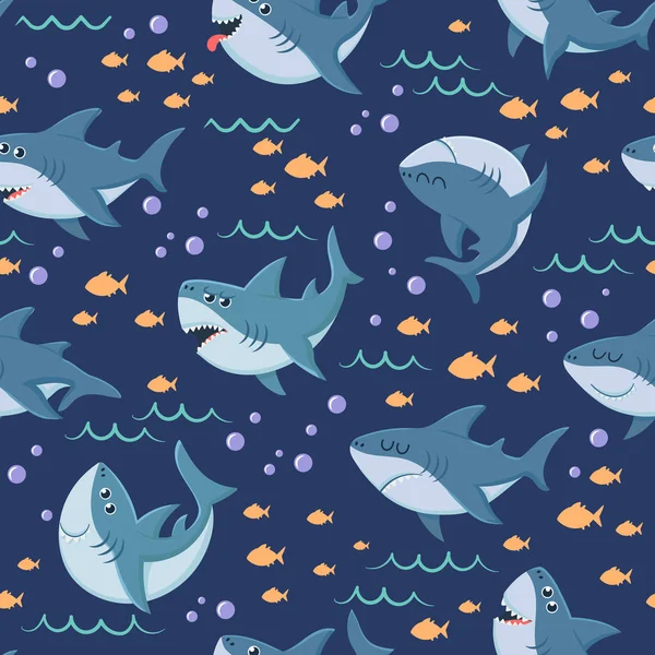 Cartoon sharks pattern. Seamless ocean swim, marine shark and sea ...