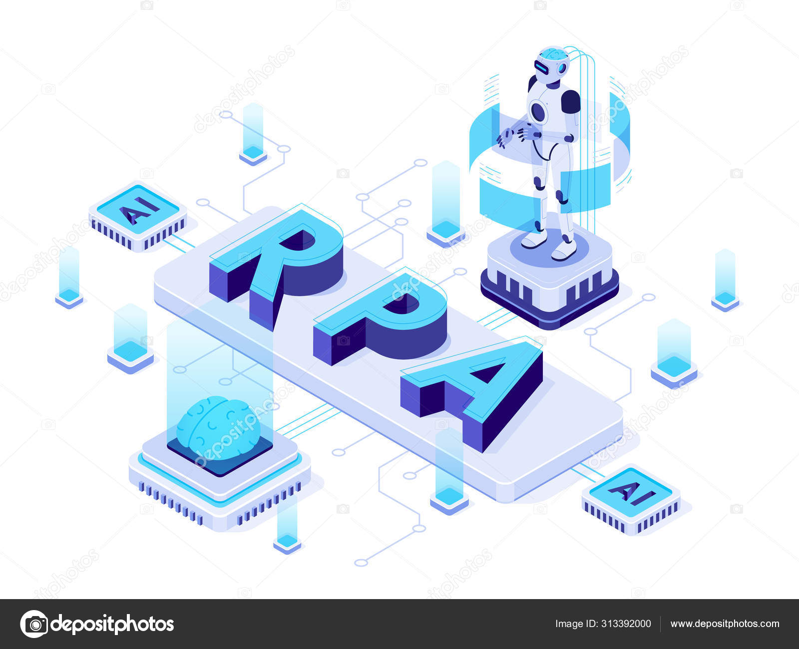 RPA isométrico. Automatización de procesos robóticos, robots futuristas ...