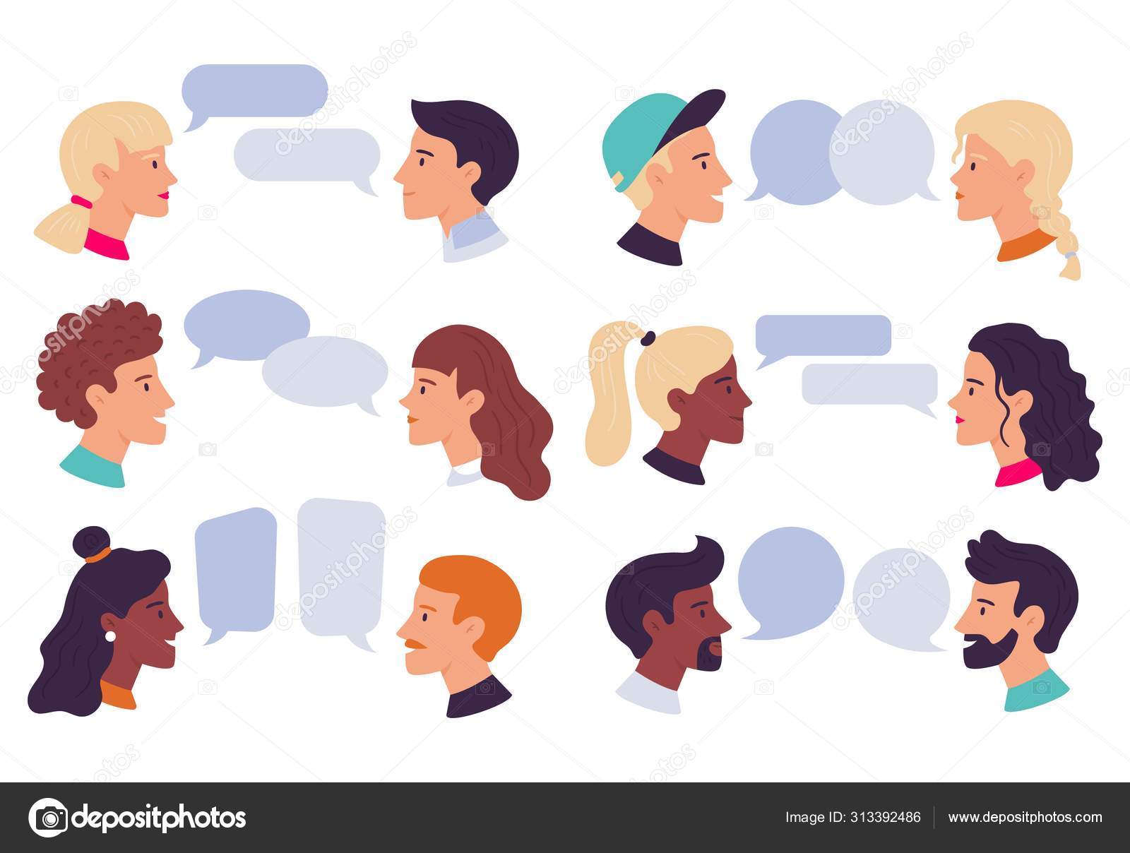 Speaking people. Couple conversation, dialogue bubbles and chat avatars ...