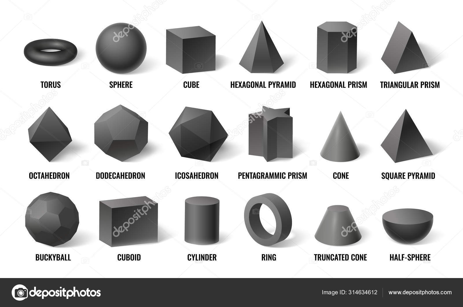 Realistic 3d basic shapes. Sphere shape with shadow, cube geometry and ...