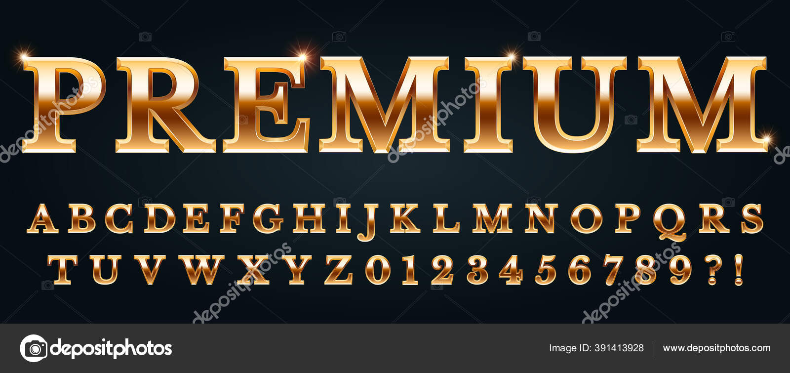 Premium golden font. Luxury alphabet, numbers and punctuation marks ...