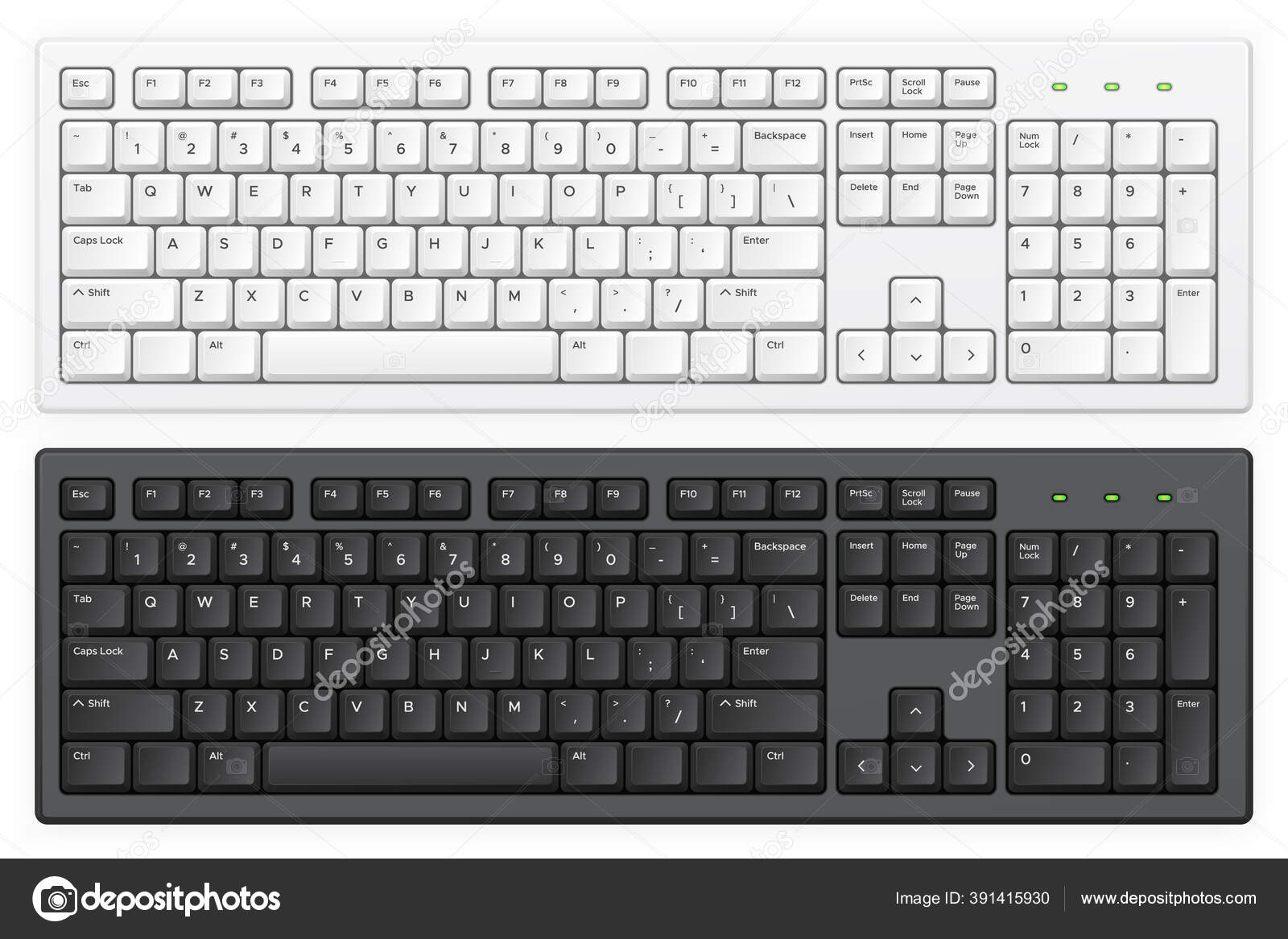 Keyboard. PC white and black key buttons with english qwerty alphabet ...