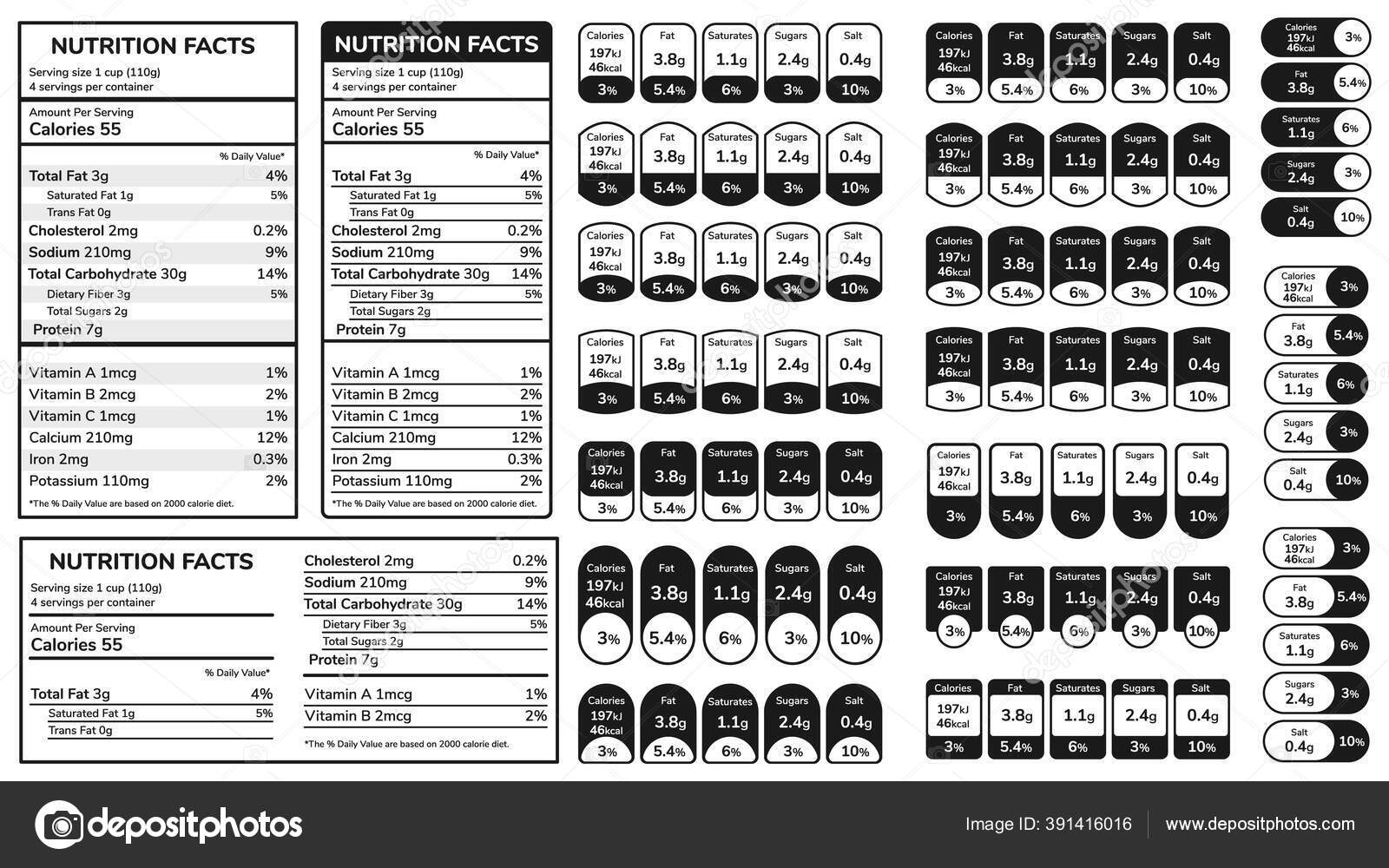 Nutrition facts information label. Daily value ingredient amounts ...