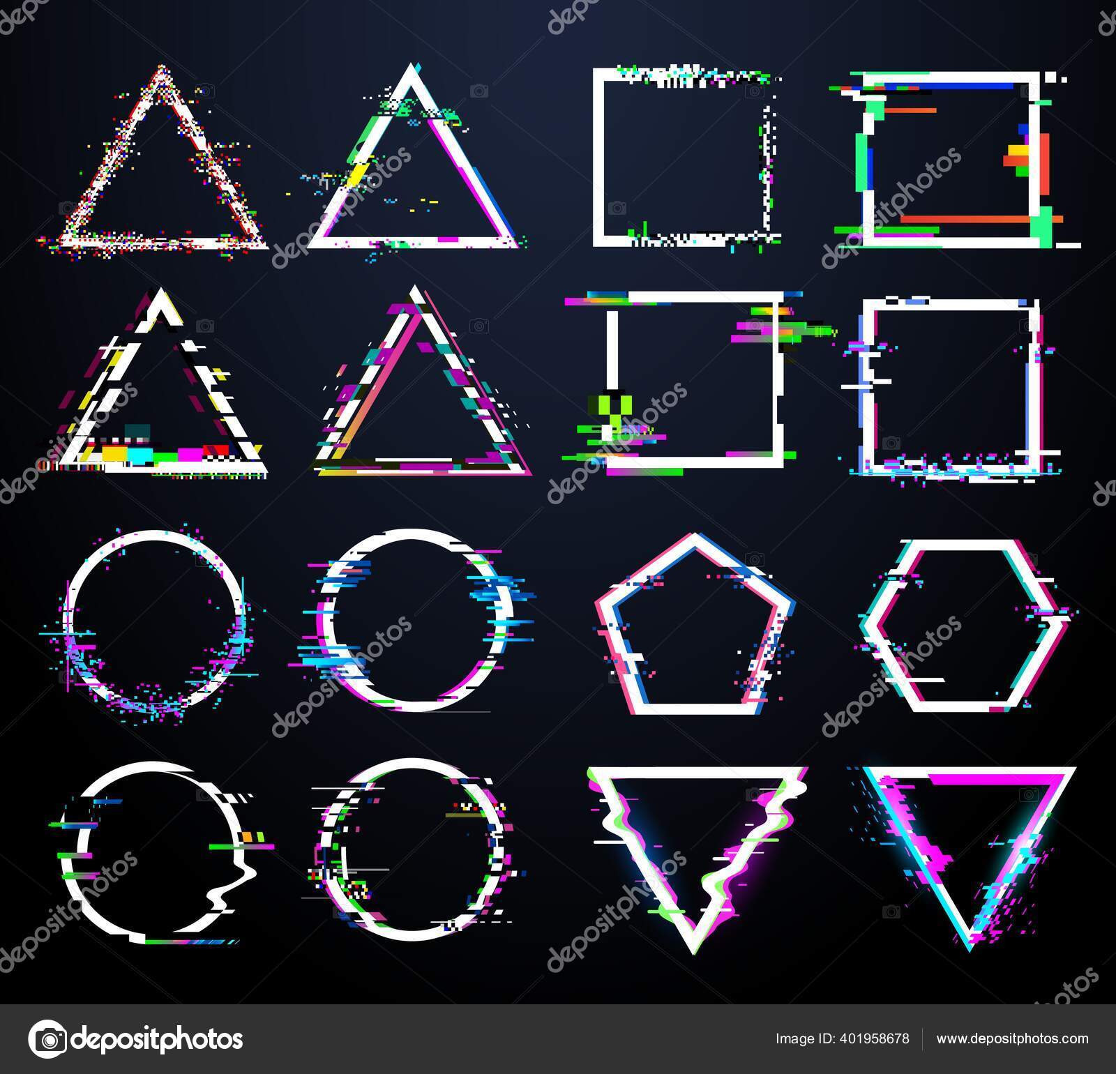 Glitch white frames. Distorted circle, square and triangle and polygonal shapes. Tv distortion ...