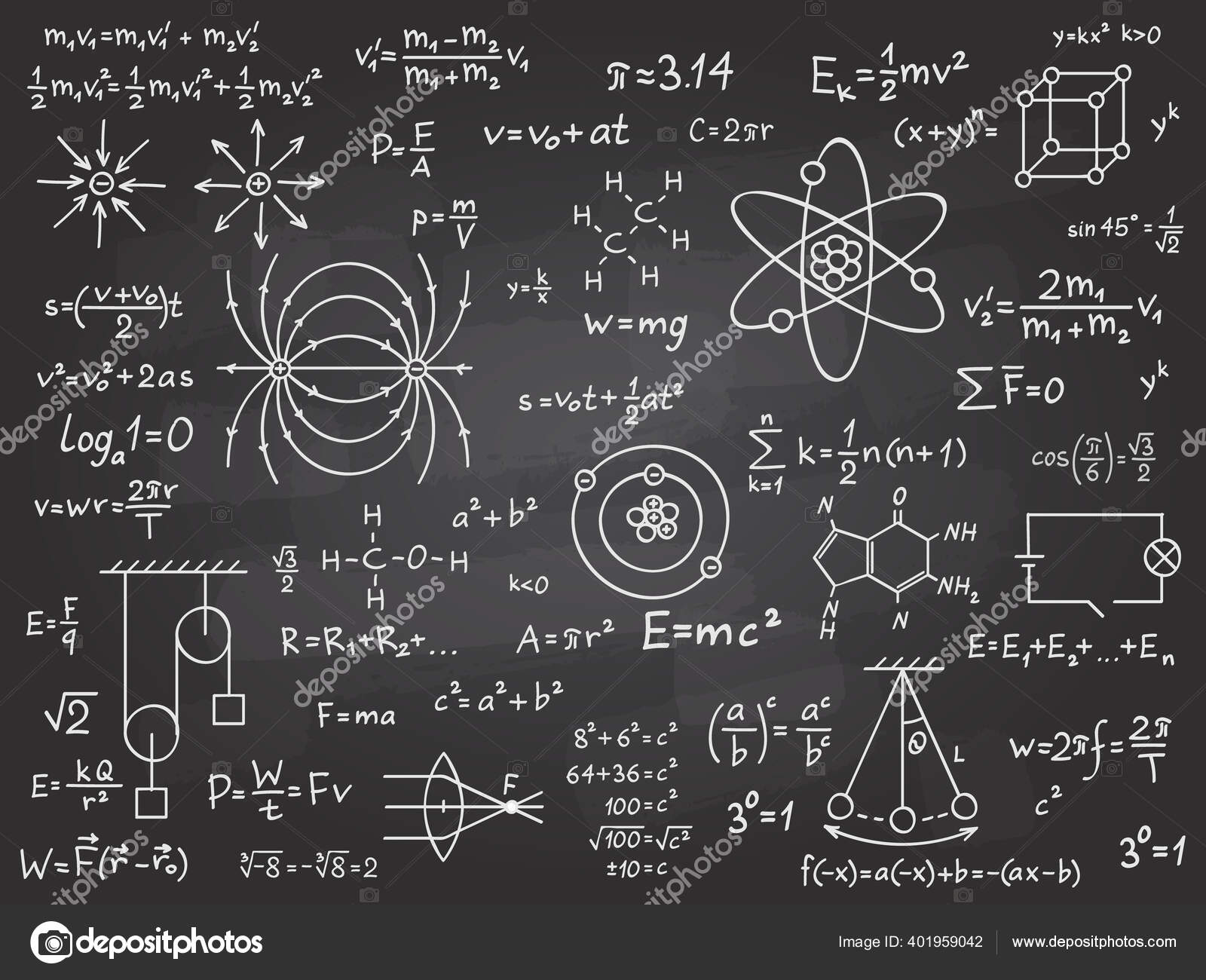 Fórmulas científicas. Cálculo matemático y físico en pizarra de clase ...