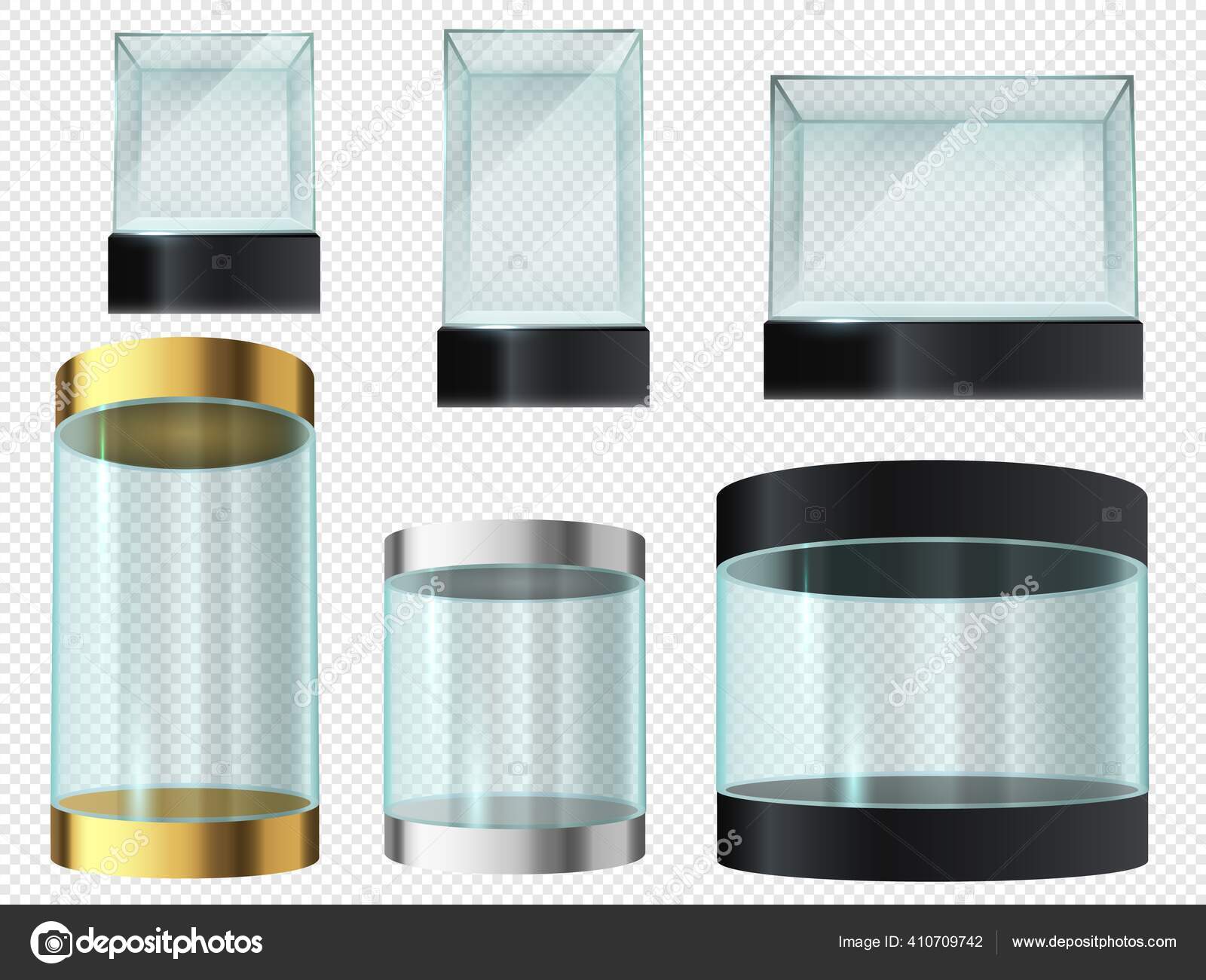Glass showcase. Cylinder and cube empty transparent museum podiums ...