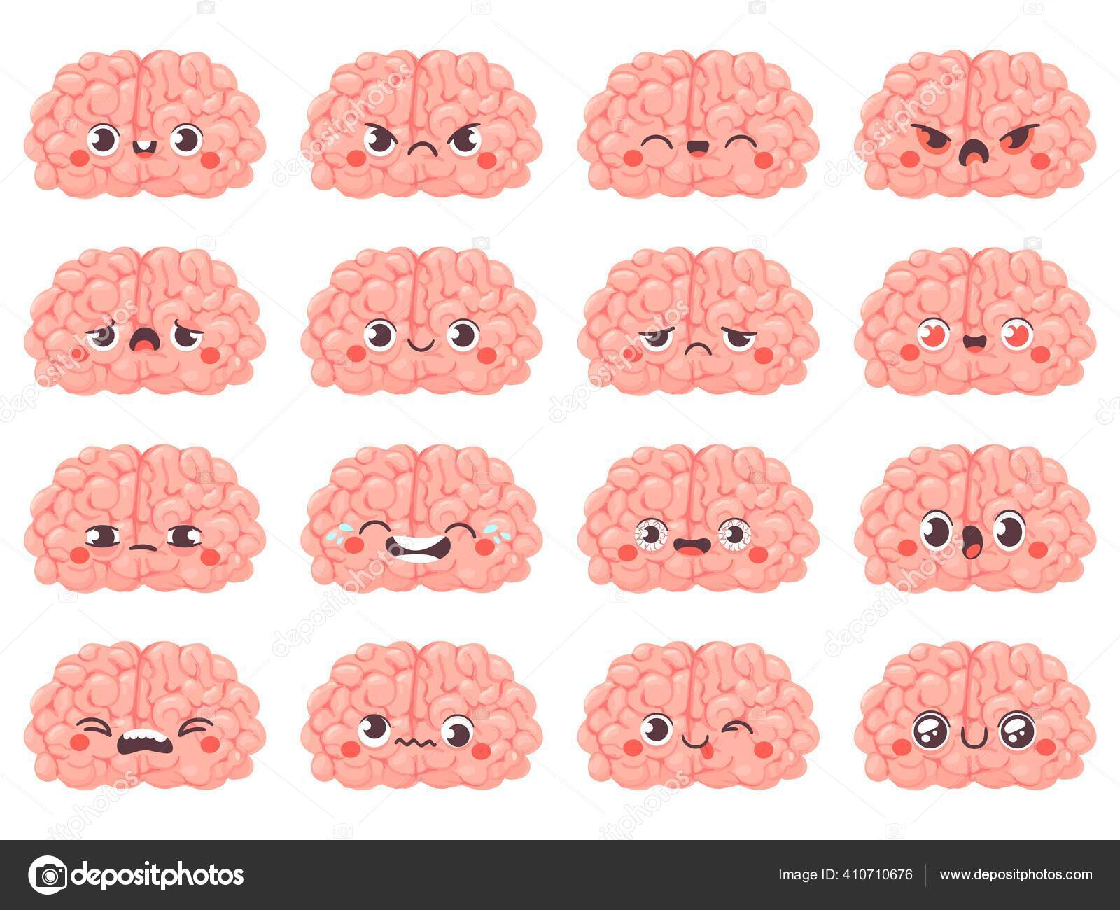 Brain emoticons. Cute brains characters with different face expression ...