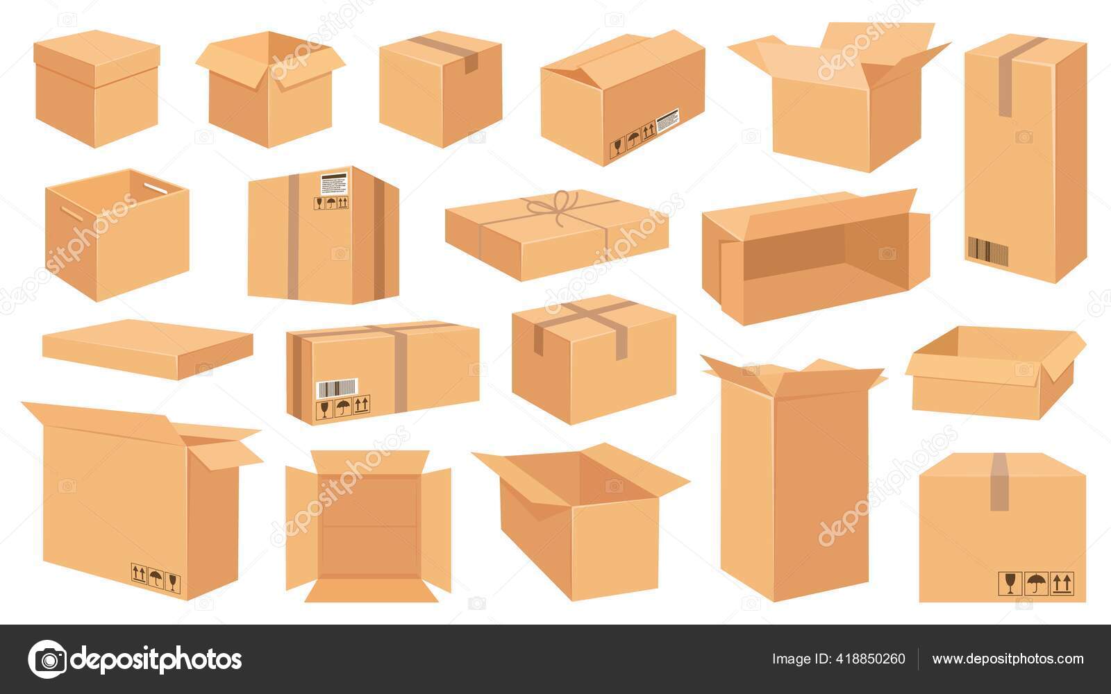 Cardboard boxes. Cartoon brown carton package. Open and closed delivery ...