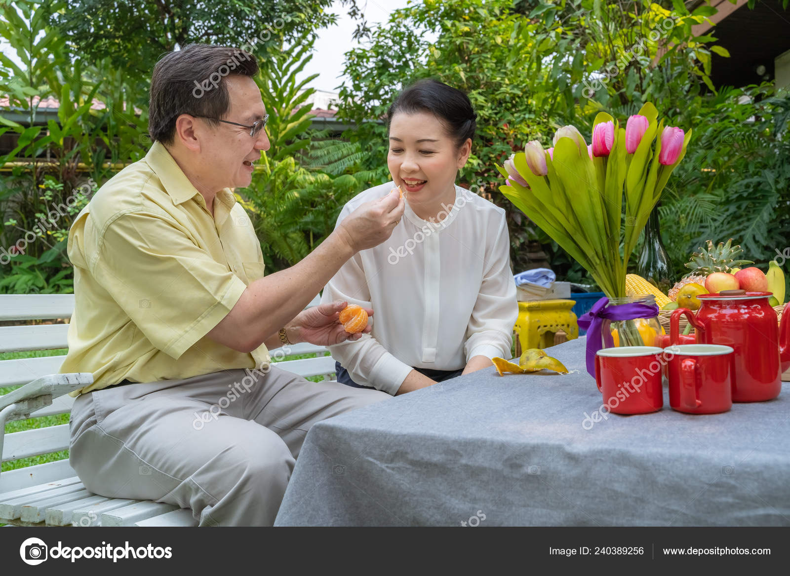 Asian Elderly Couples Taking Care Each Other Stripping Oranges Eat