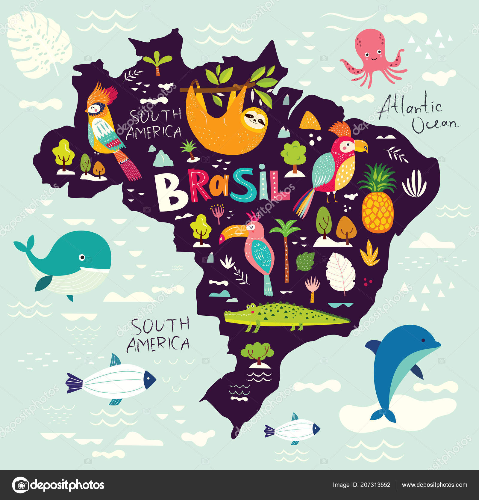 Mapa Brasil Animais Símbolos Ícones Brasileiros Ilustração Vetorial ...
