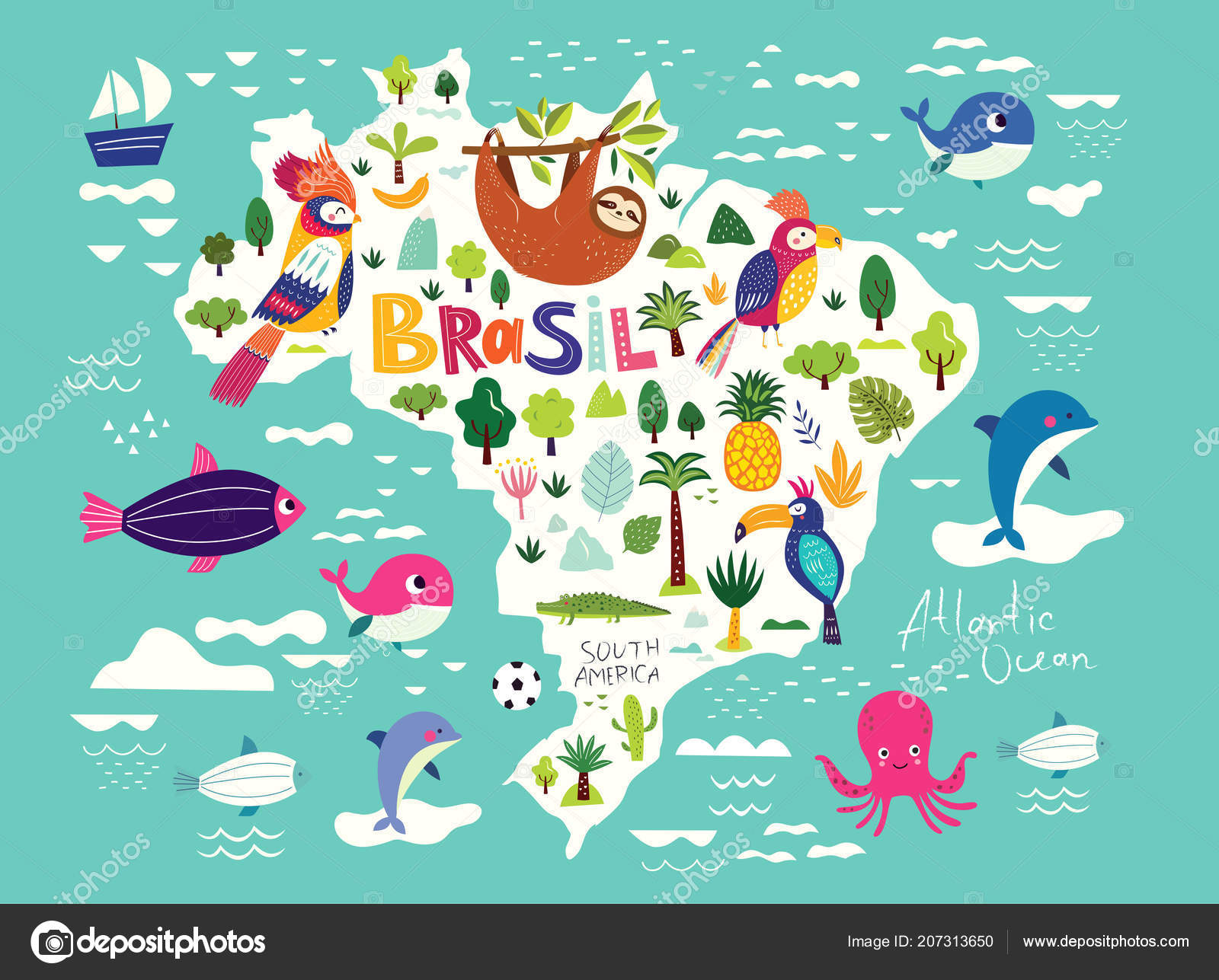 Map Brazil Colorful Animals Vector Illustration Stock Illustration by ...