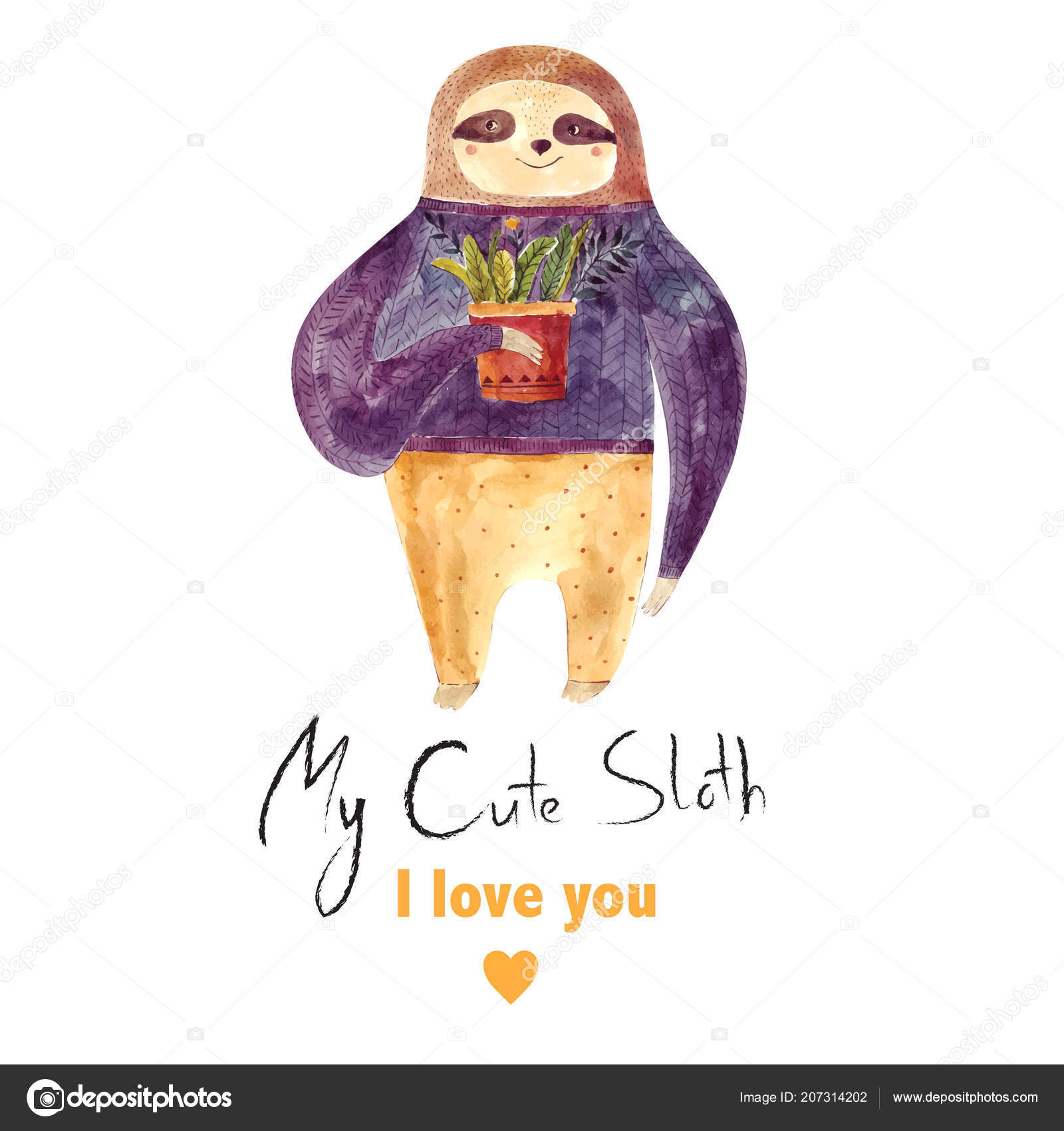 Cute Cartoon Sloth White Background Love You Inscription Vector ...