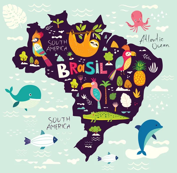 Map Brazil Colorful Brazilian Animals Symbols Vector Illustration Stock ...