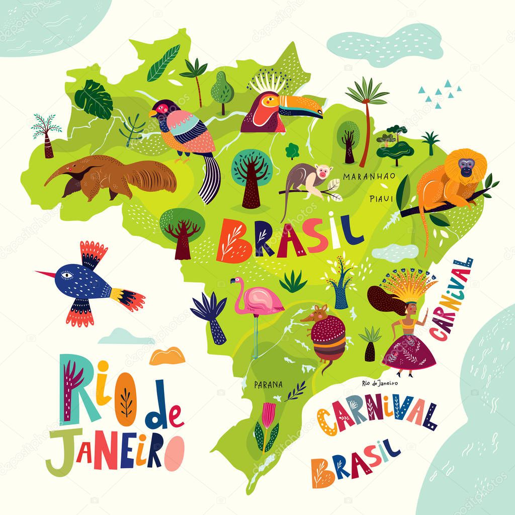 mapa de Brasil con coloridos animales y símbolos brasileños ...