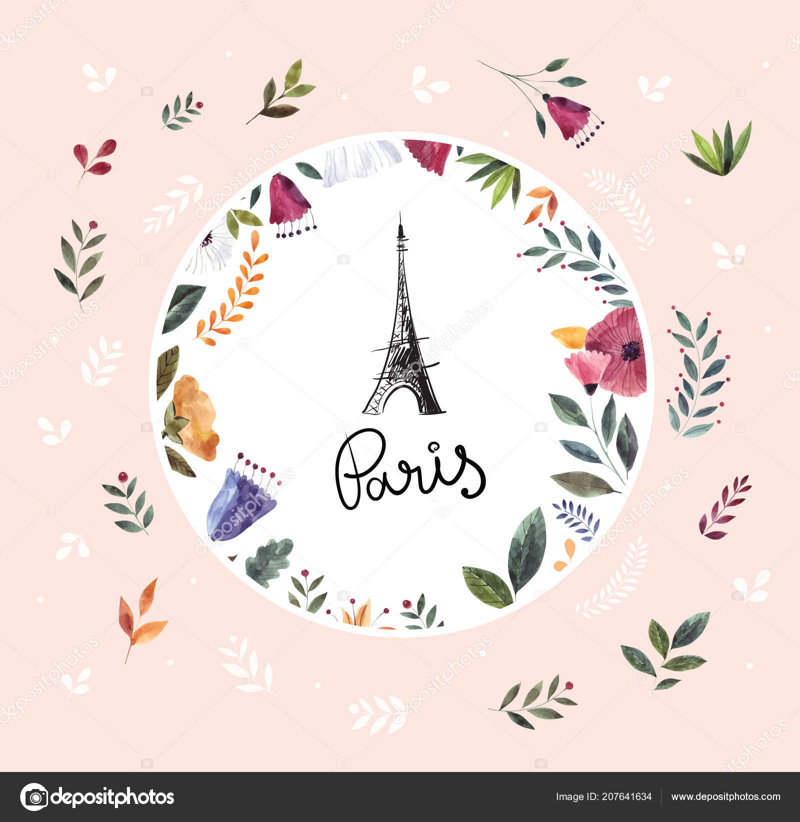 Eiffel Tower Paris Text Floral Frame Pink Background Vector ...