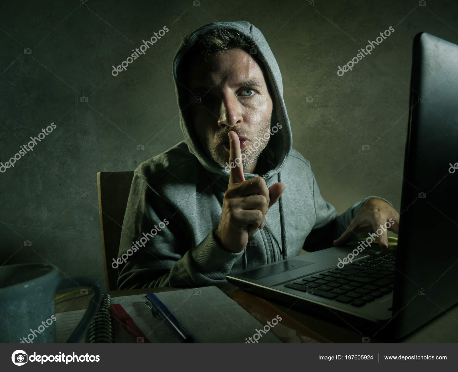 Dangerous Looking Young Hacker Man Hoodie Typing Laptop Computer ...