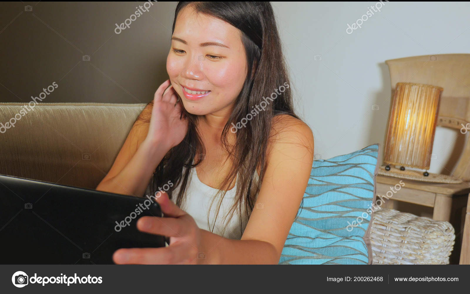 Young Beautiful Asian Chinese Student Girl Happy Relaxed Home Sofa ...