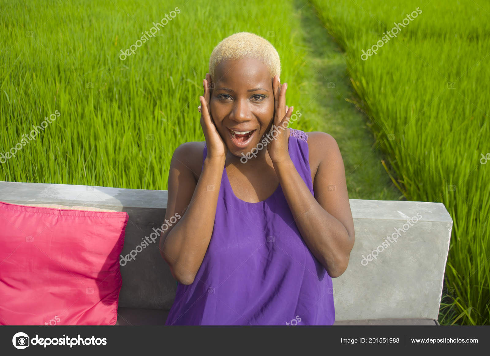 Young Attractive Happy Black African American Woman Outdoors Green