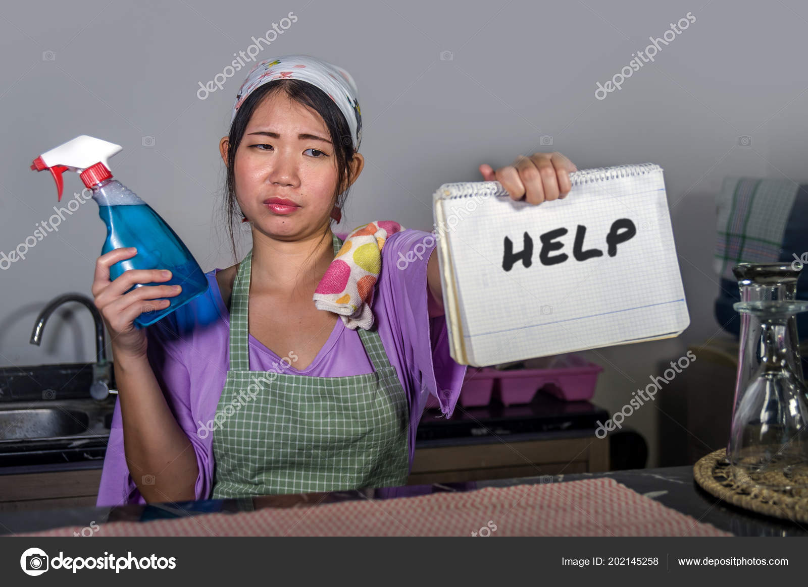 Young Sad Depressed Asian Korean Woman Holding Help Sign Spray ⬇ Stock ...