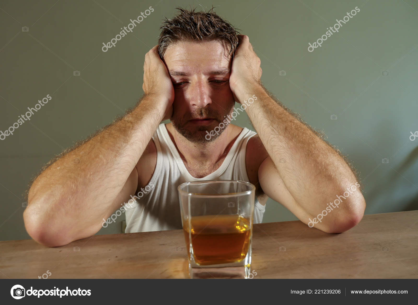 Young Wasted Depressed Alcohol Addict Man Dirty Singlet Drinking Glass ...