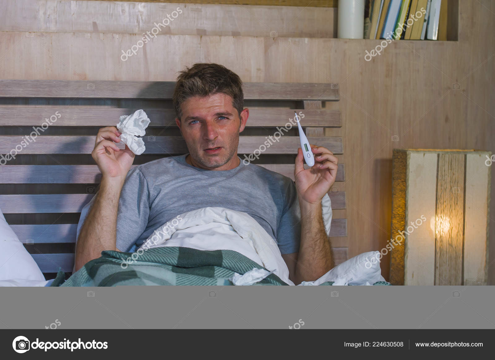 Young Sick Wasted Exhausted Man Home Bed Lying Feeling Unwell Stock ...