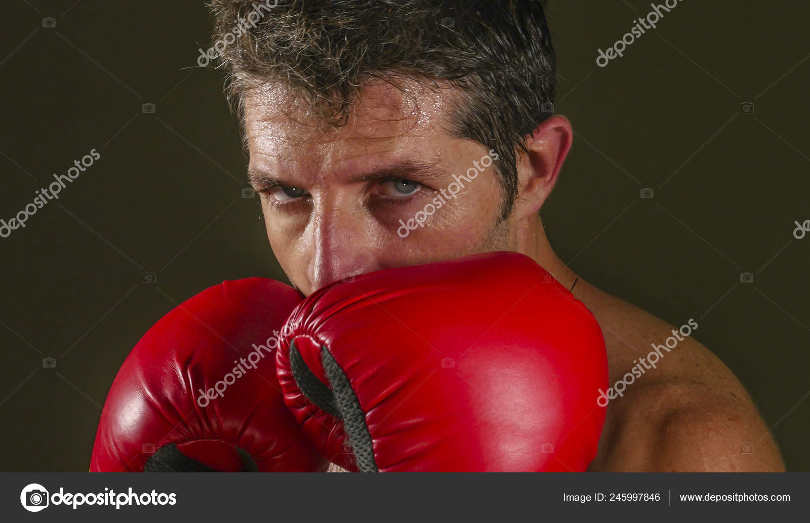 Close Face Portrait Young Attractive Fierce Looking Man Boxing Gloves ...