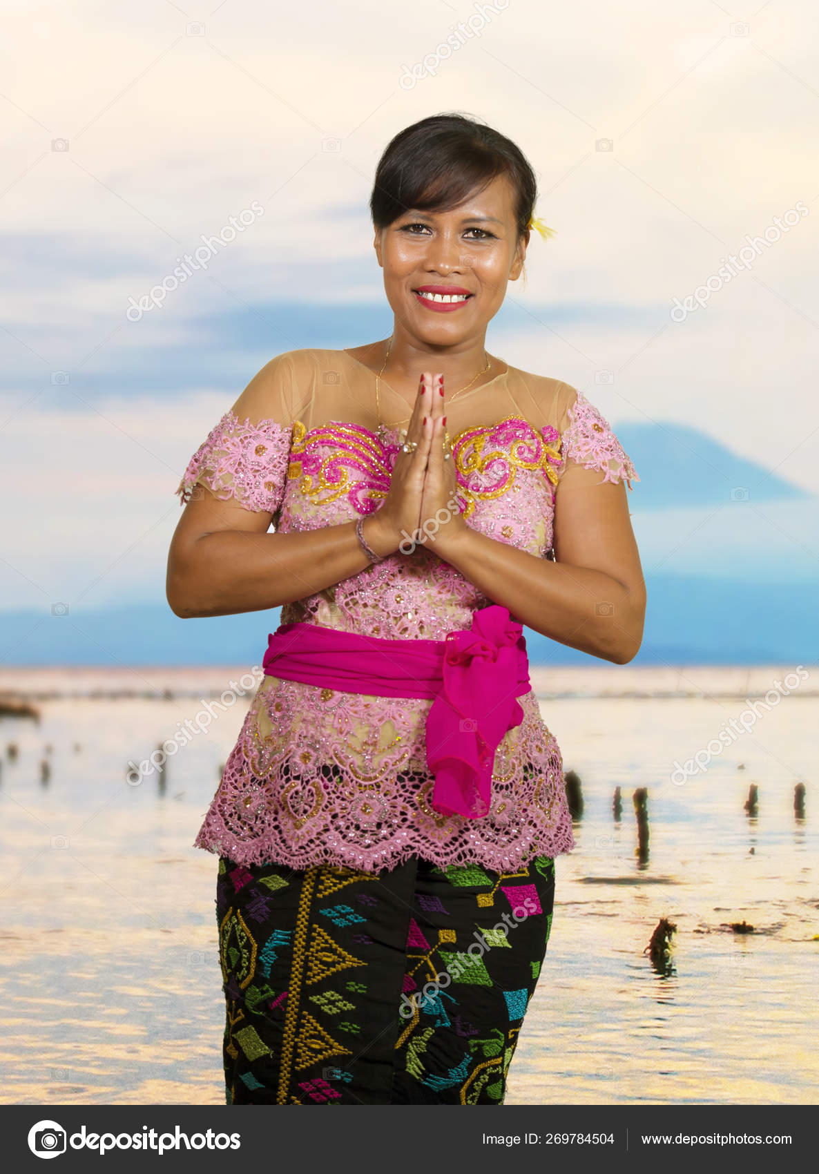 Beautiful Happy Middle Aged Indonesian Balinese Woman In Traditional