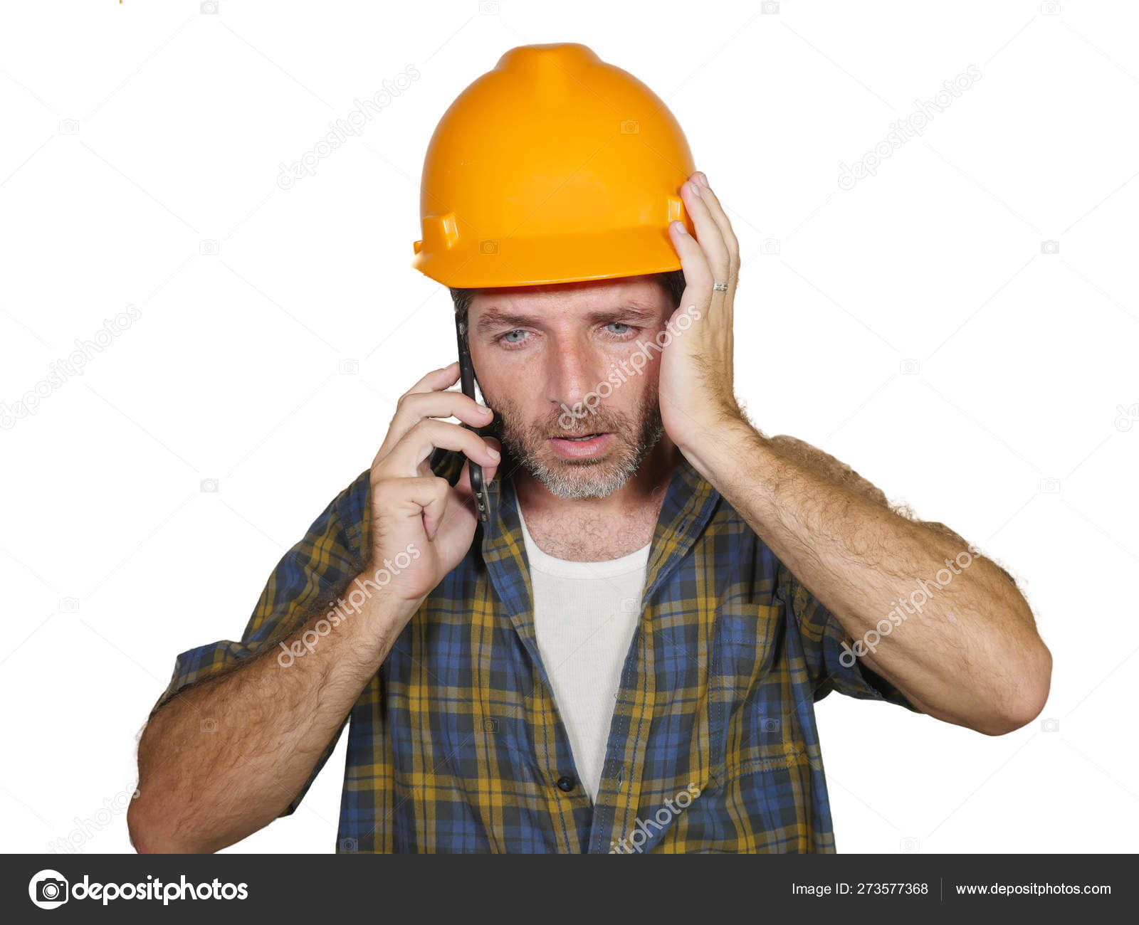 Portrait of upset construction worker or stressed contractor man in ...
