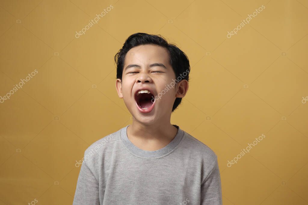 Retrato de un niño pequeño asiático riéndose fuerte, riendo y apuntando ...