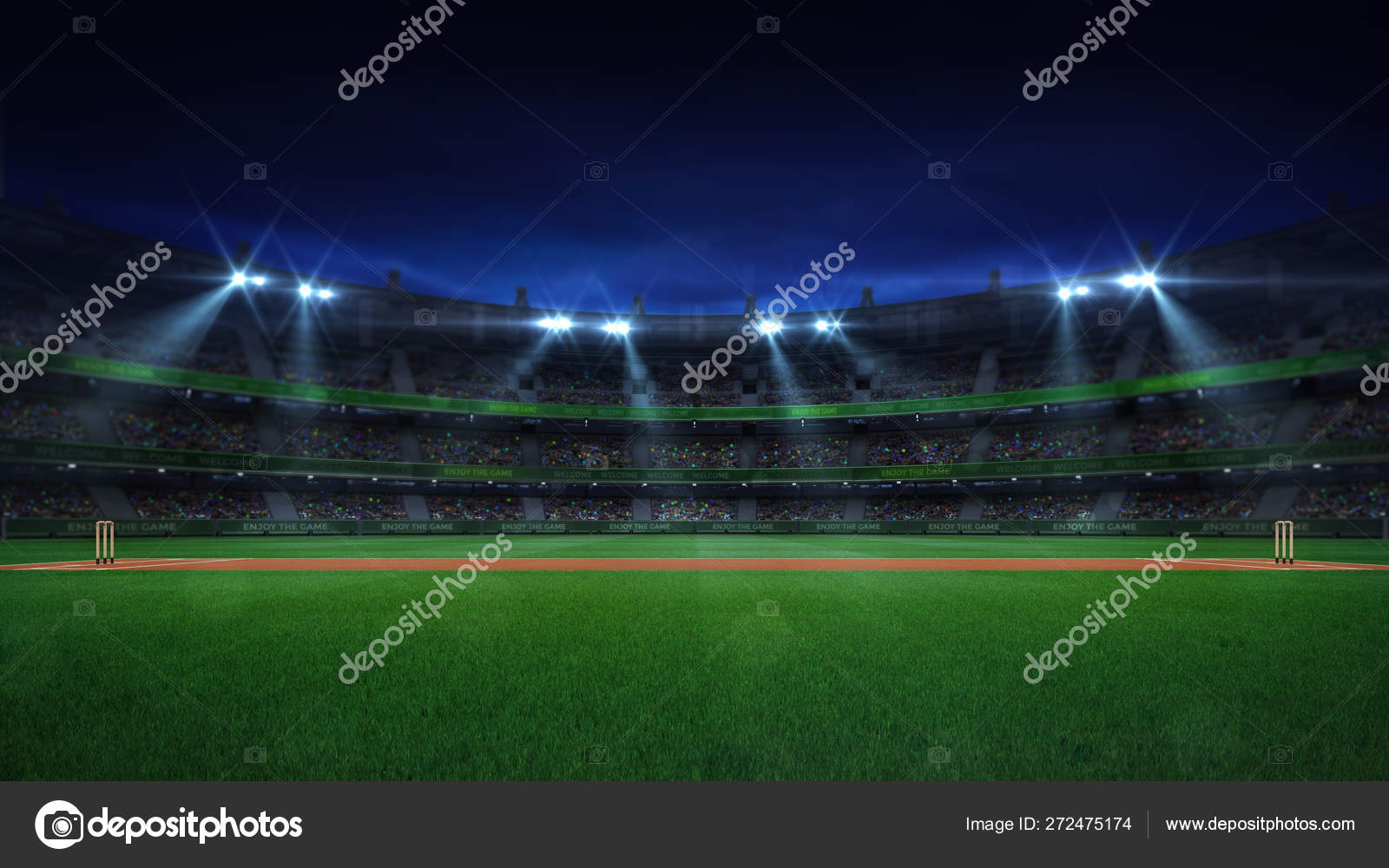 Night cricket pitch scene with spotlight shine and wooden wickets on ...