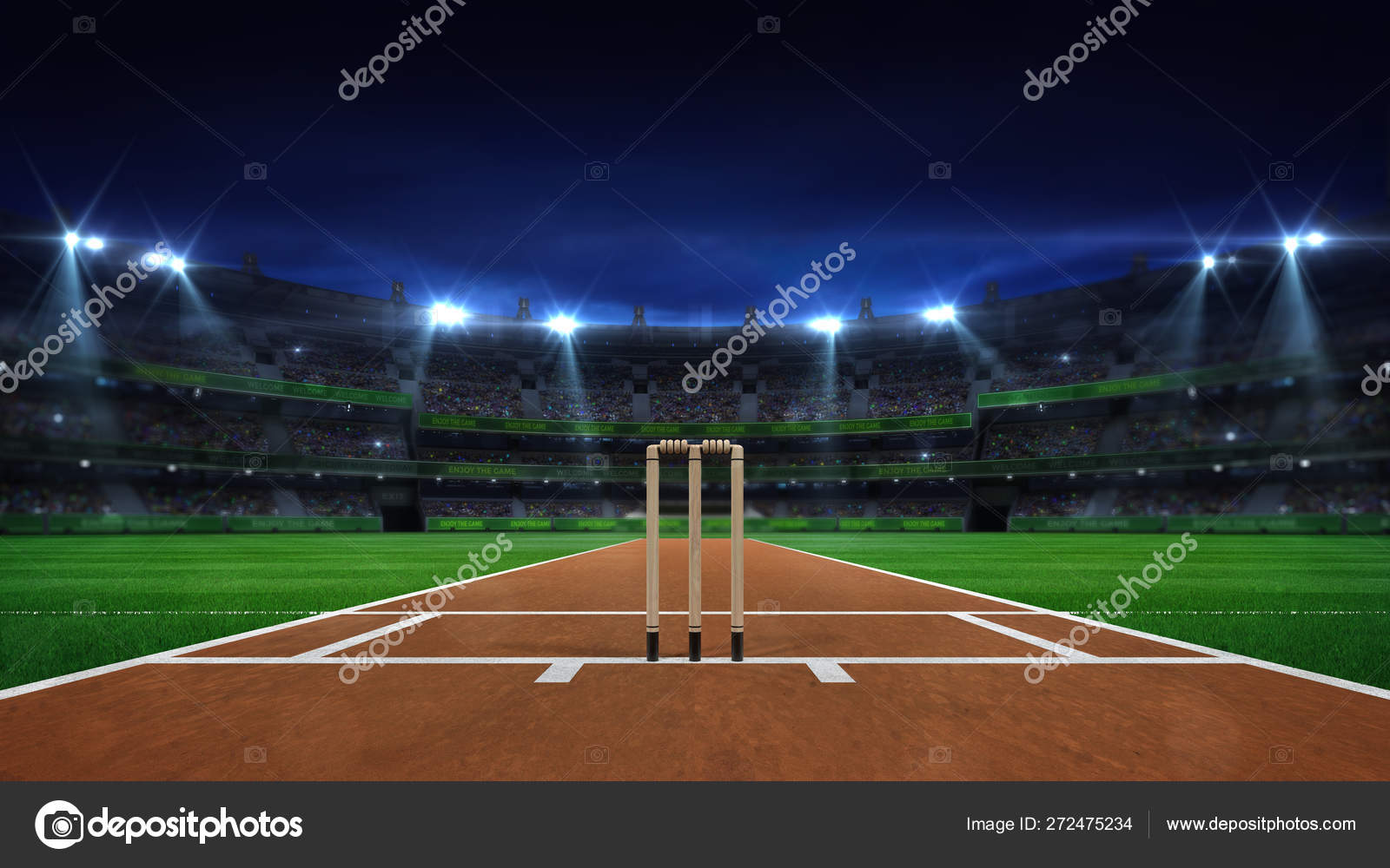 Night cricket pitch scene with spotlight shine and wooden wicket front ...