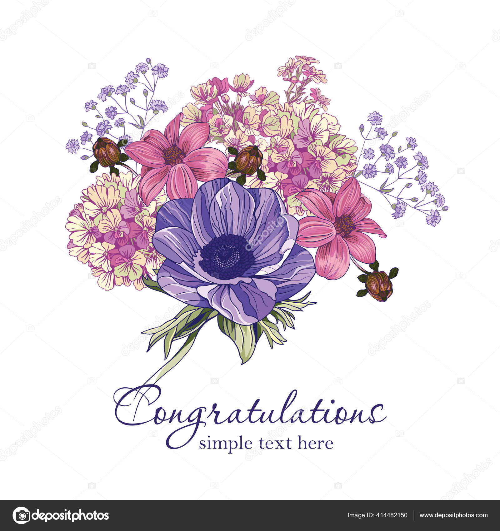 Grattis Kort Med Bukett Rosa Och Lila Blommor Vit Bakgrund vektor av ...