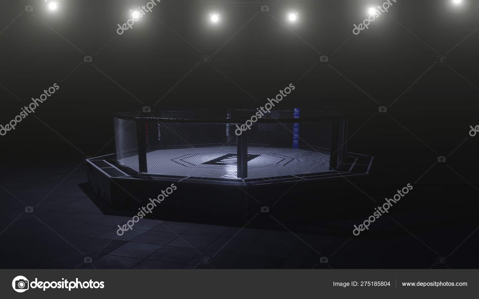 Mma arena. Empty fight cage under lights. 3D rendering Stock Photo by ...