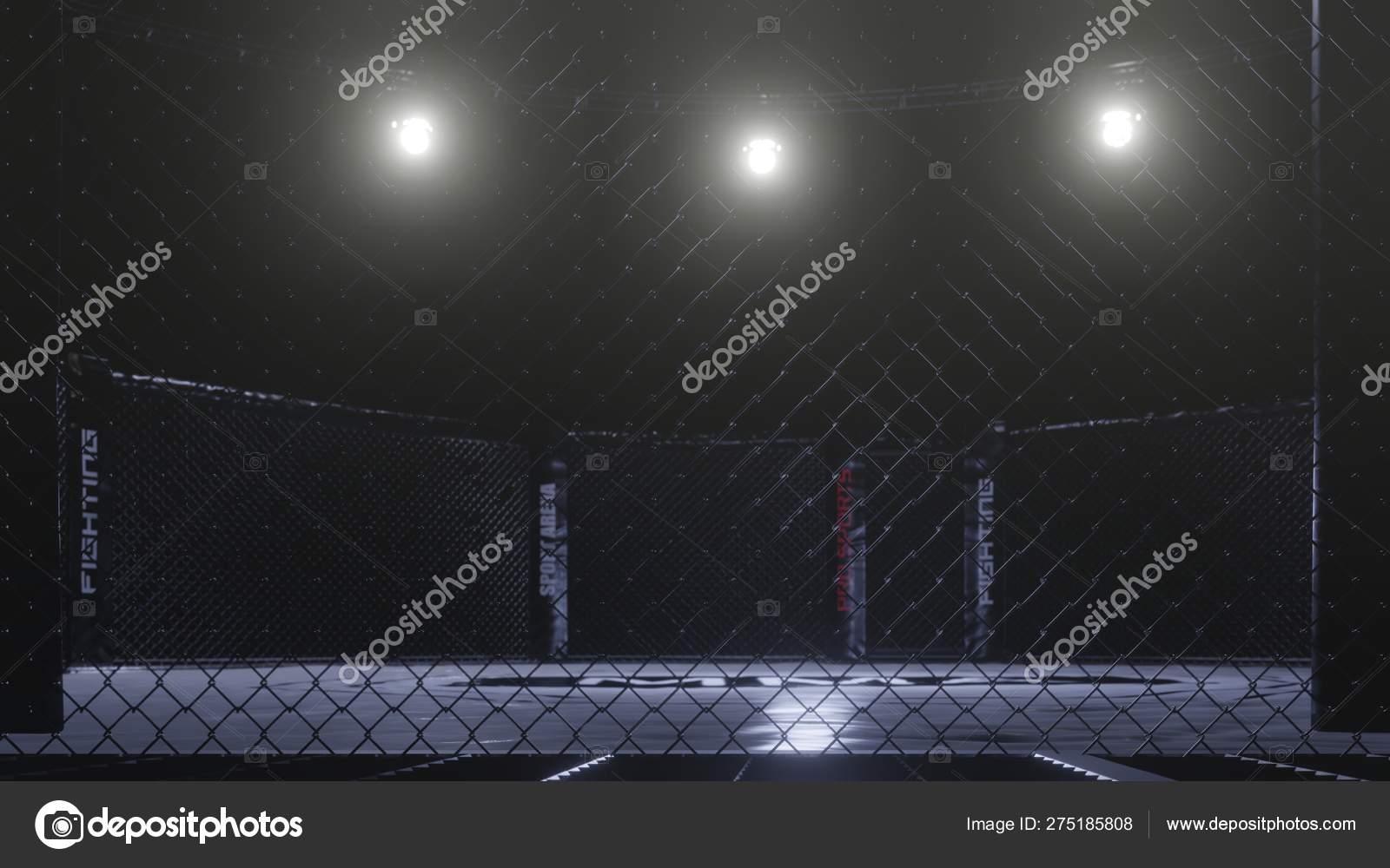 Mma arena side view. Empty fight cage under lights. 3D rendering ...
