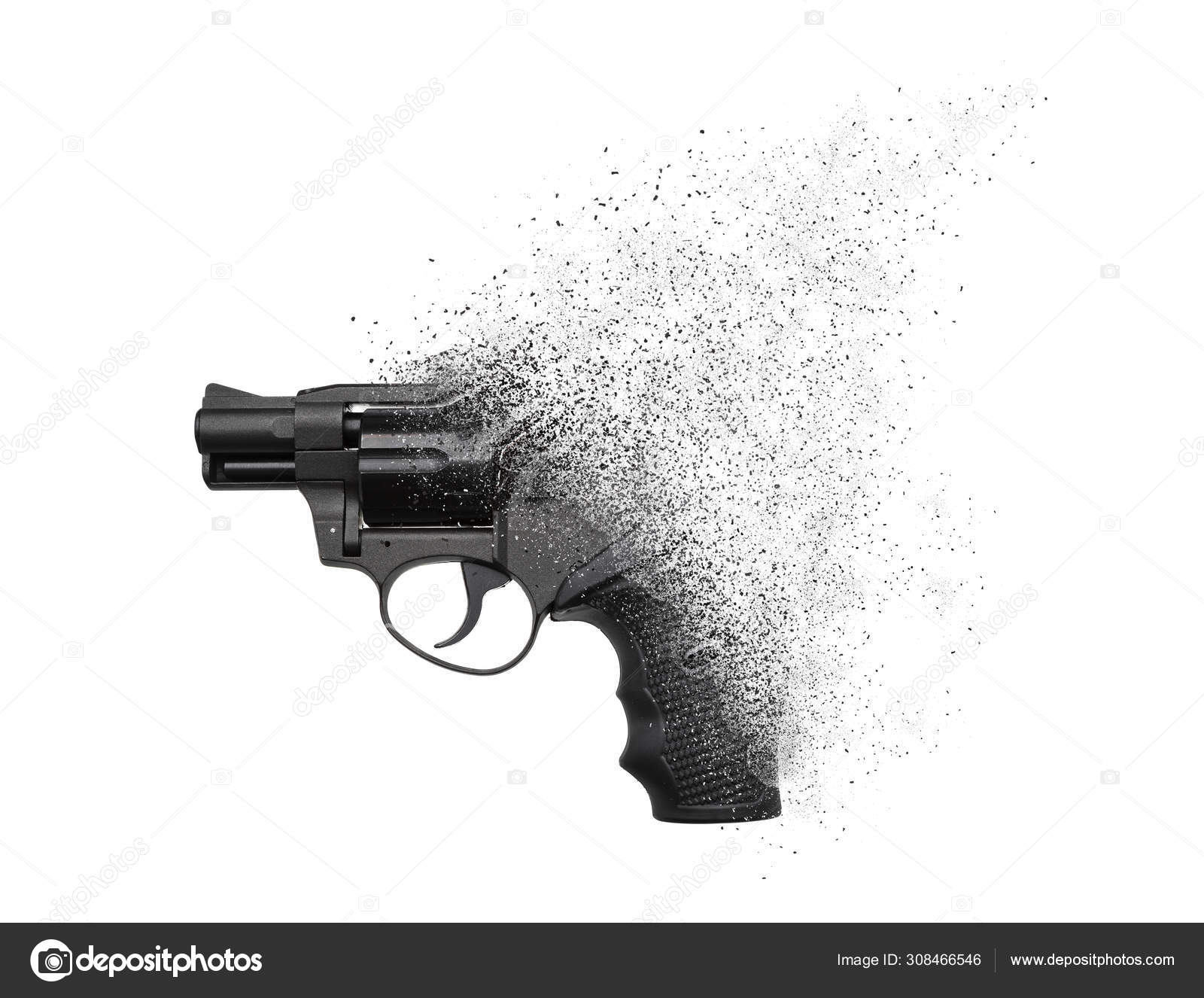 A gun crumbling into particles in space isolate on a white backg Stock ...