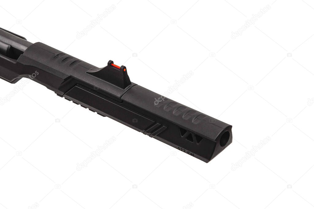 Pistola de aire deportiva moderna con mira mecánica aislada sobre fondo ...