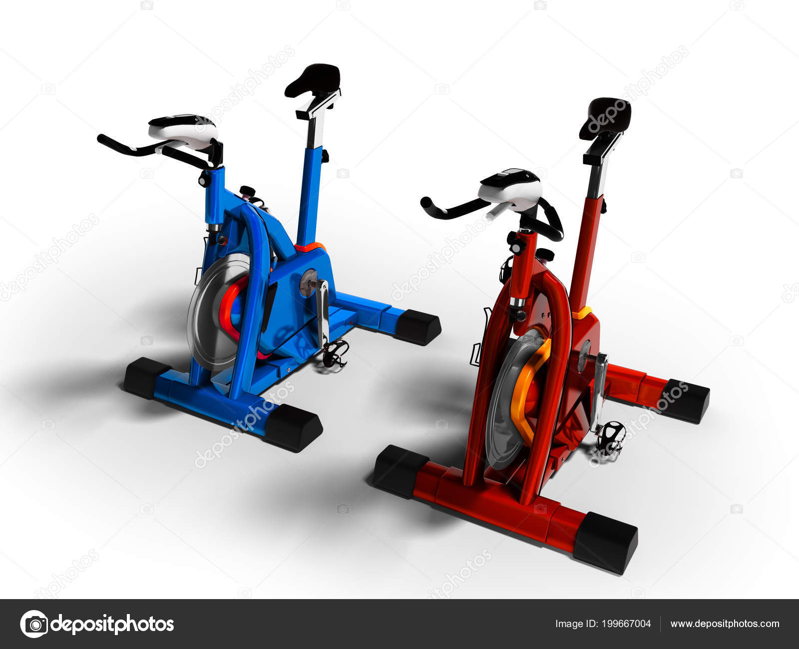 Modern Red Blue Exercise Bikes Perspective Render White Background ...