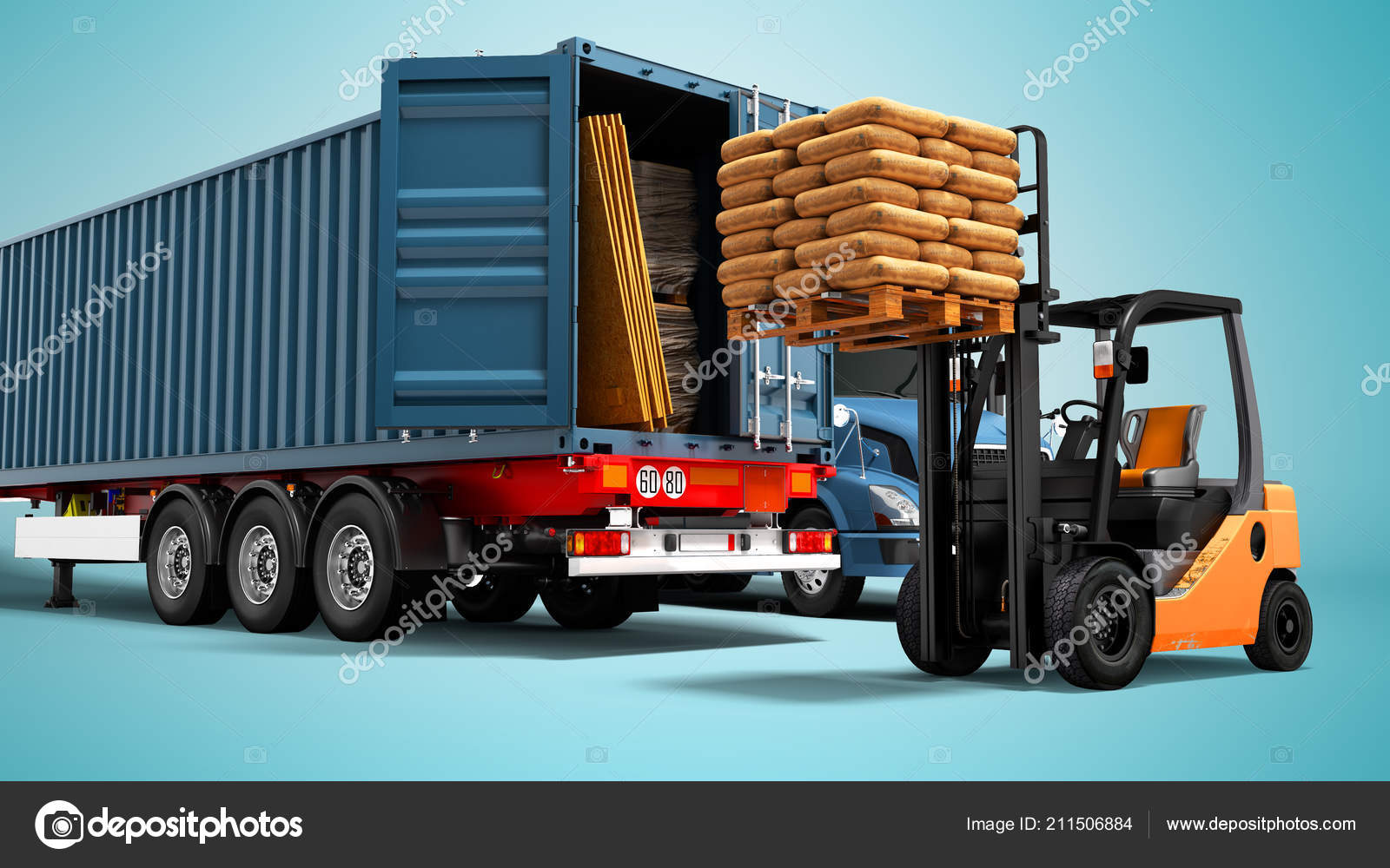 Modern Concept Loading Unloading Cargo Blue Truck Trailer Building ...