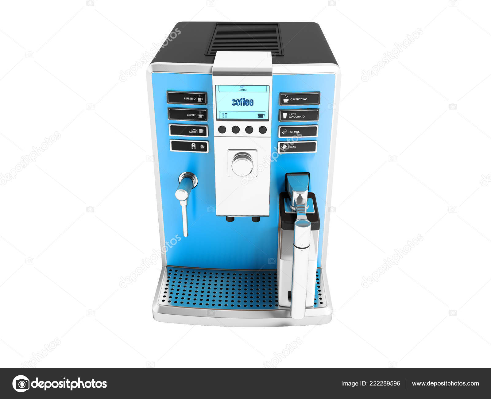 Modern Blue Coffee Machine Milk Dispenser One Cup Front View — Stock ...