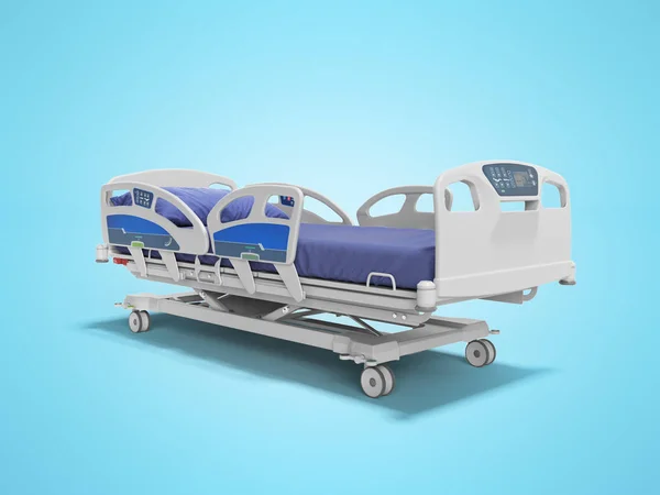 Blue hospital bed with lifting mechanism with control panel isol ...